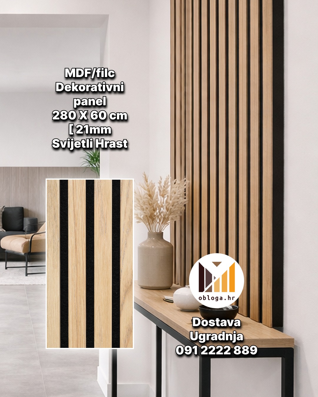 Akustični paneli - Svijetli Hrast - 280x60cm | obloga.hr
